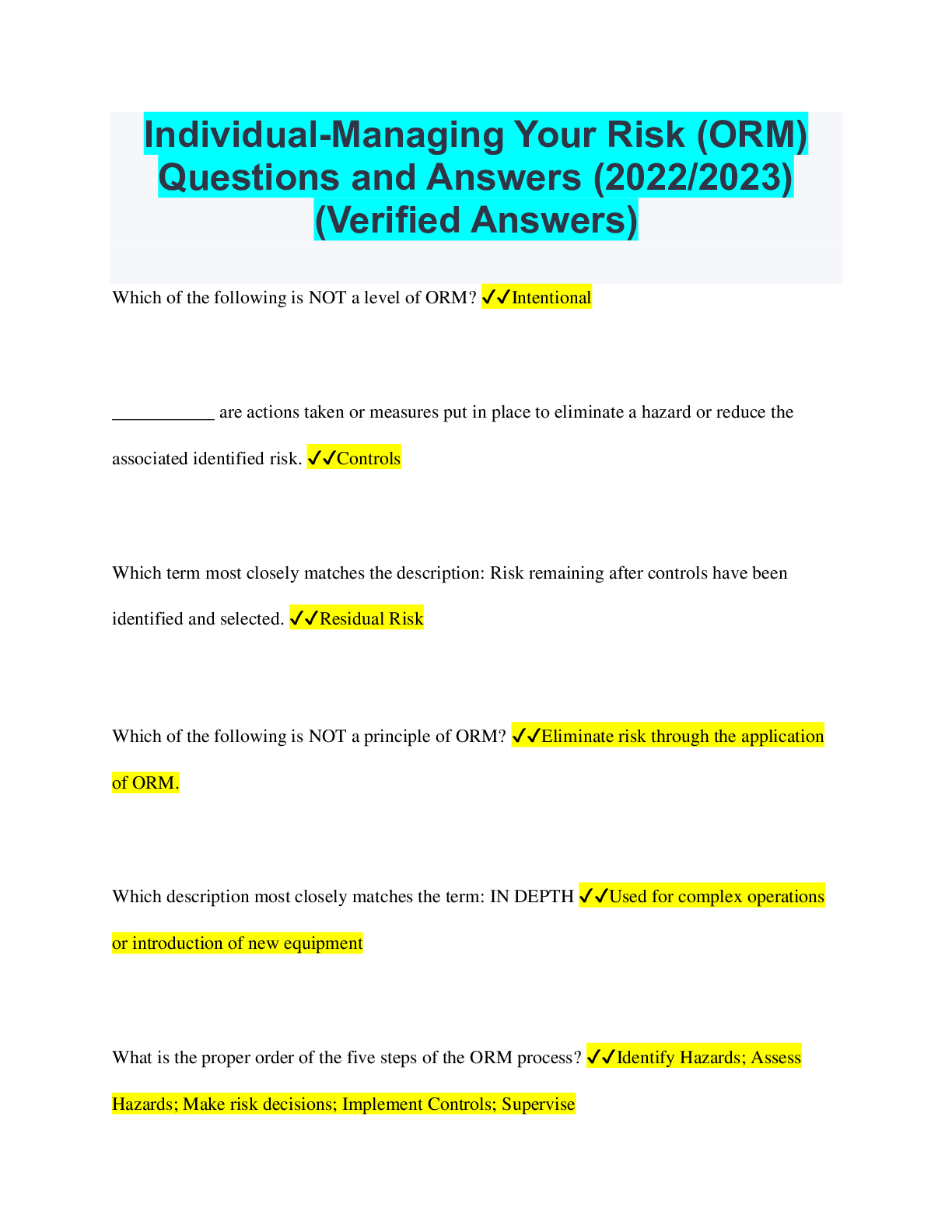 Individual-Managing Your Risk (ORM) Questions and Answers (2022/2023 ...