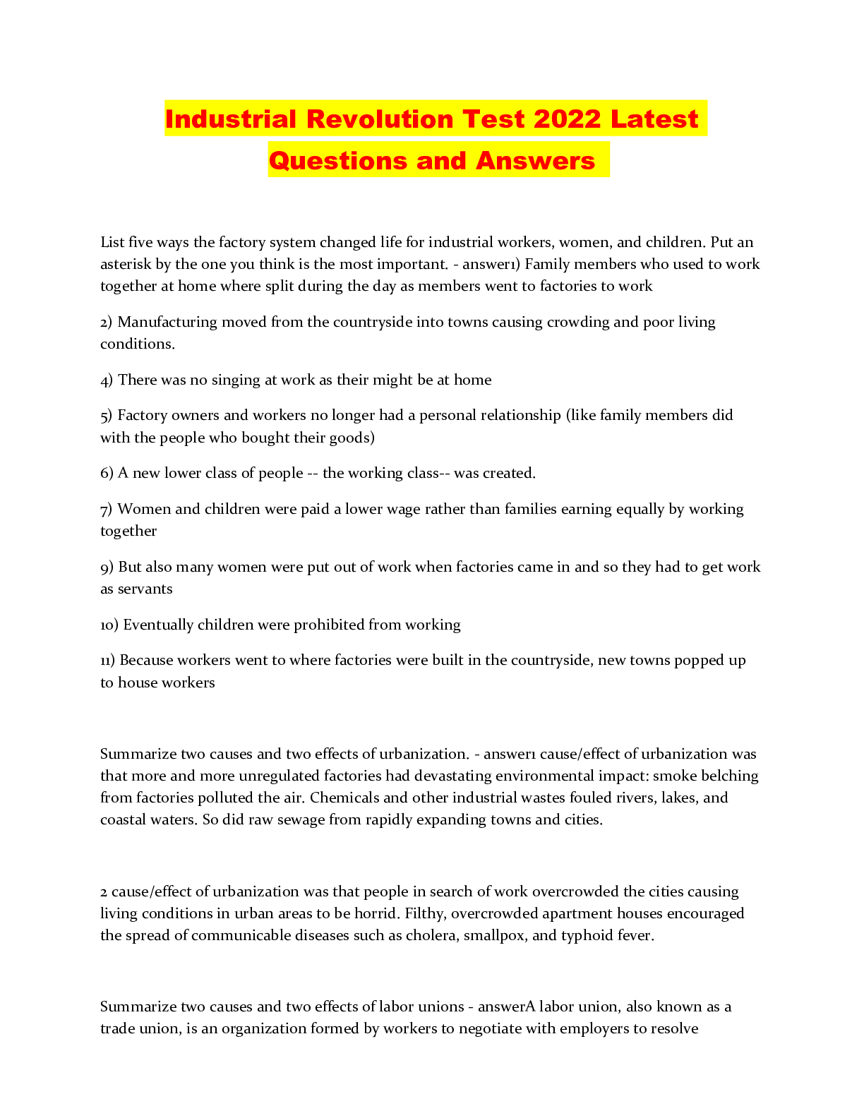 Industrial Revolution Test 2022 Latest Questions and Answers ...