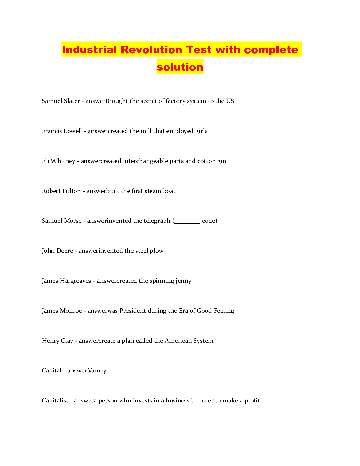 Industrial Revolution Test with complete solution - Scholarfriends