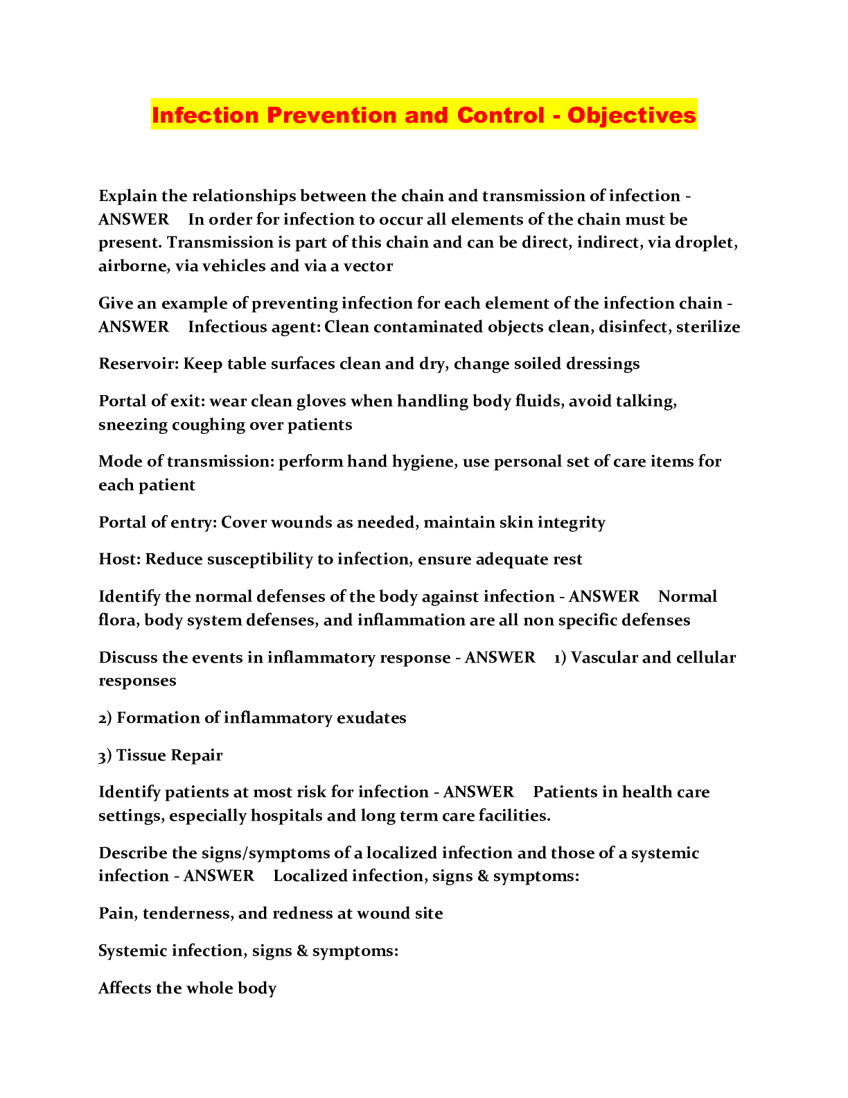 Infection Prevention and Control - Objectives - Scholarfriends