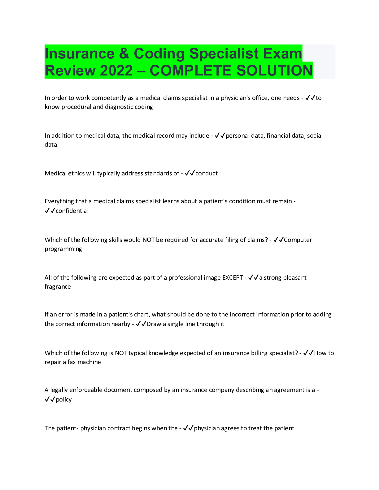 Insurance & Coding Specialist Exam Review 2022 – COMPLETE SOLUTION ...
