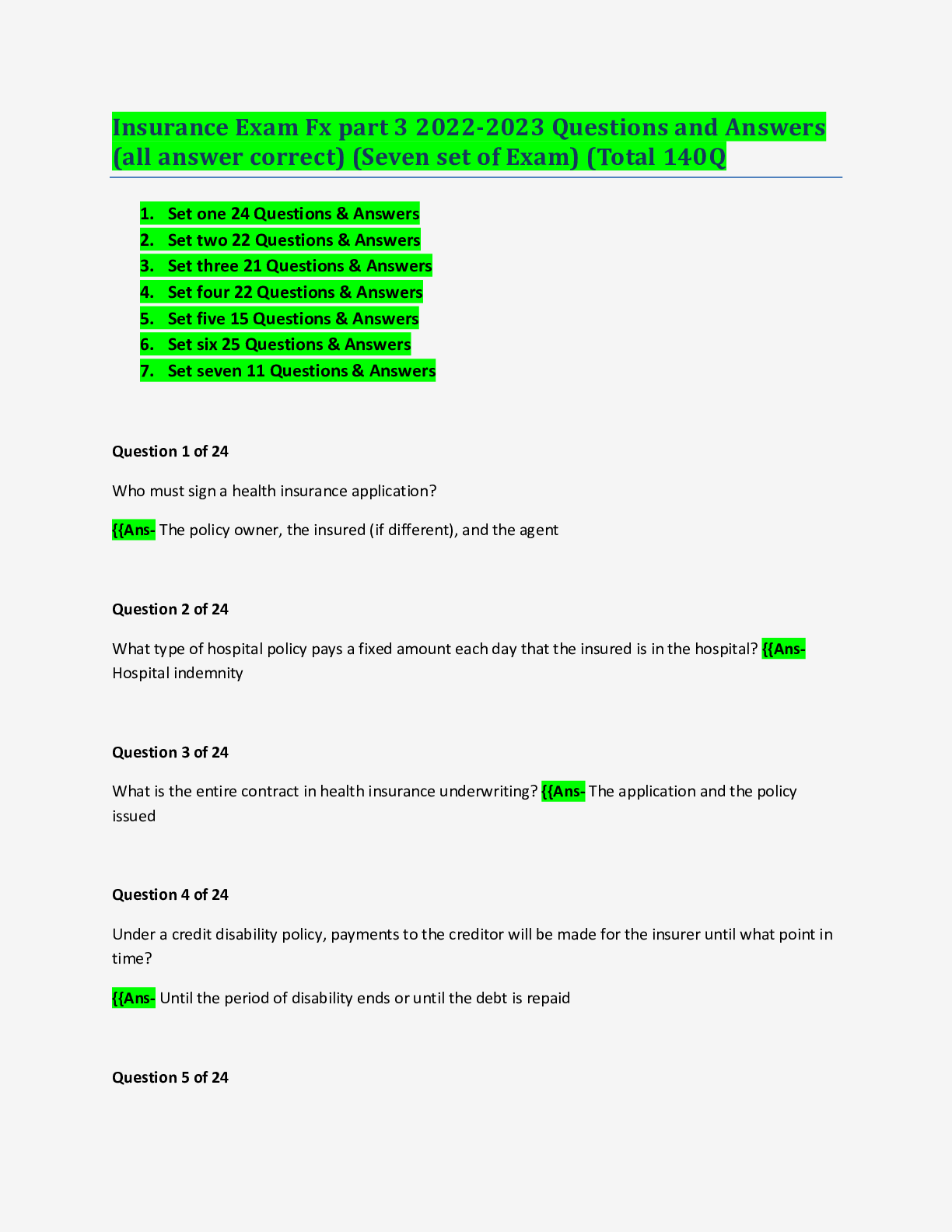 Insurance Exam Fx part 3 2022-2023 Questions and Answers (all answer ...