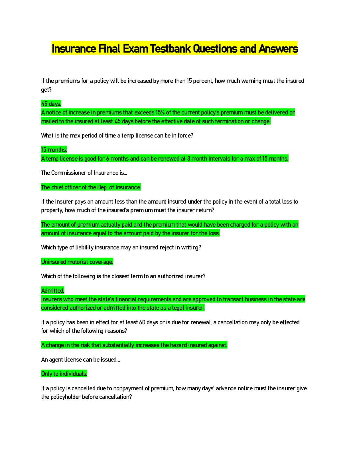 Insurance Final Exam Testbank Questions and Answers - Scholarfriends