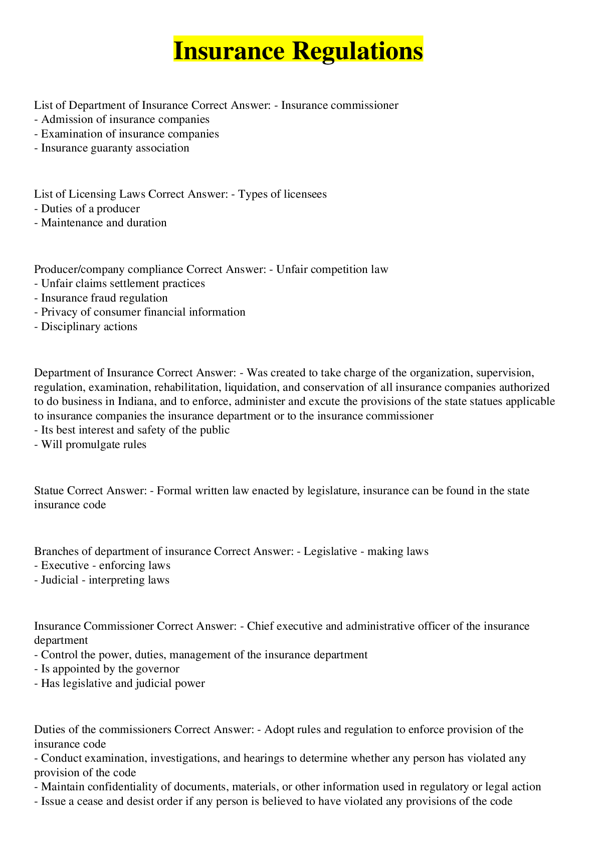 Insurance Regulations QUESTIONS AND ANSWERS ALL CORRECT - Scholarfriends