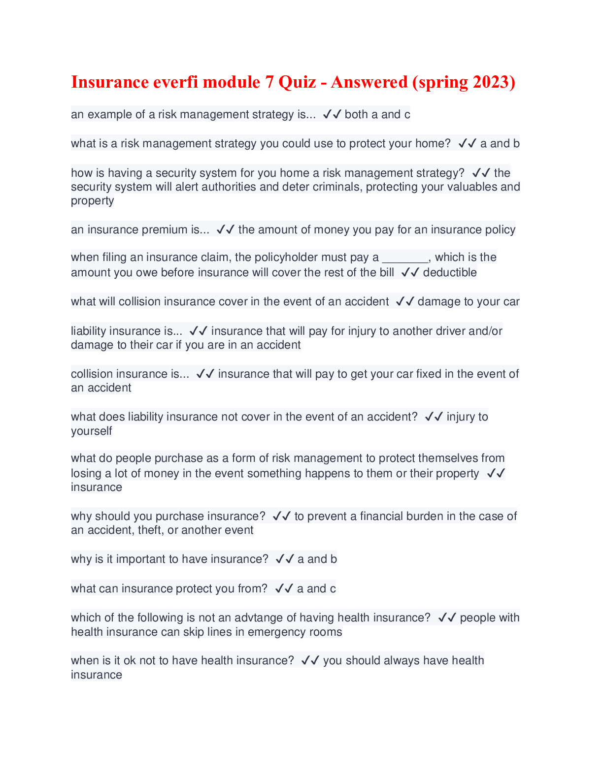 Insurance everfi module 7 Quiz - Answered (spring 2023) - Scholarfriends