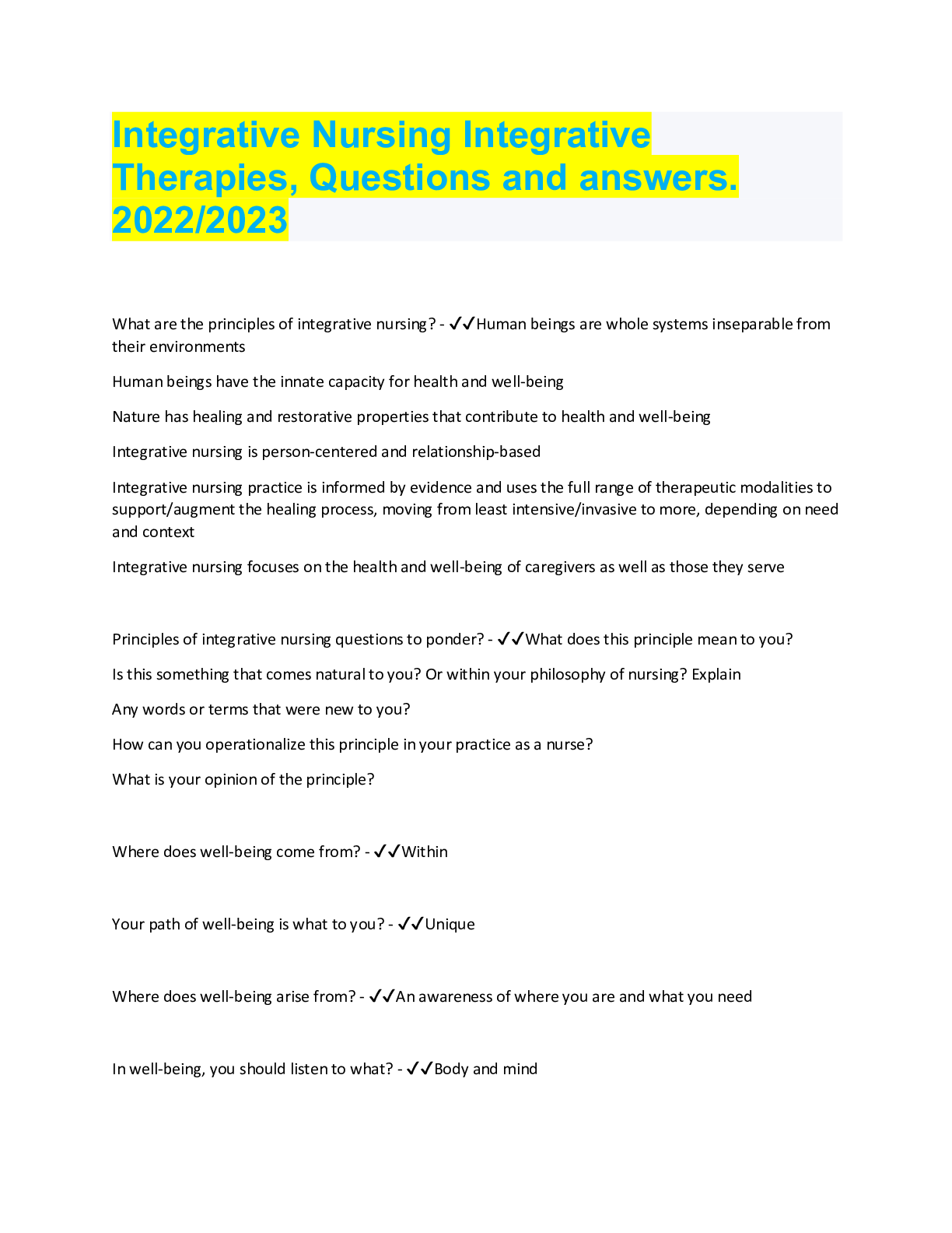 Integrative Nursing Integrative Therapies, Questions and answers. 2022/ ...
