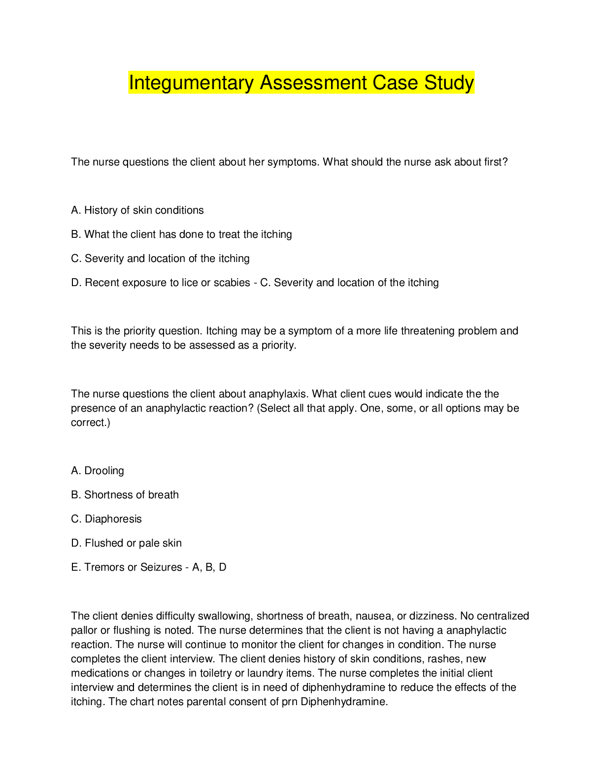 Integumentary Assessment Case Study - Scholarfriends