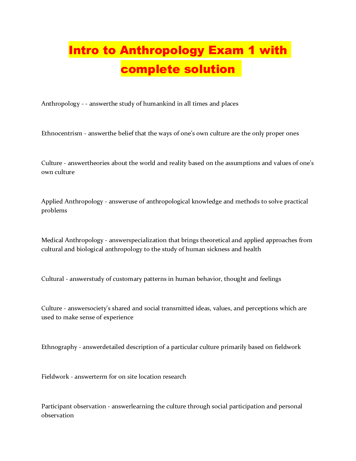 Intro to Anthropology Exam 1 with complete solution - Scholarfriends
