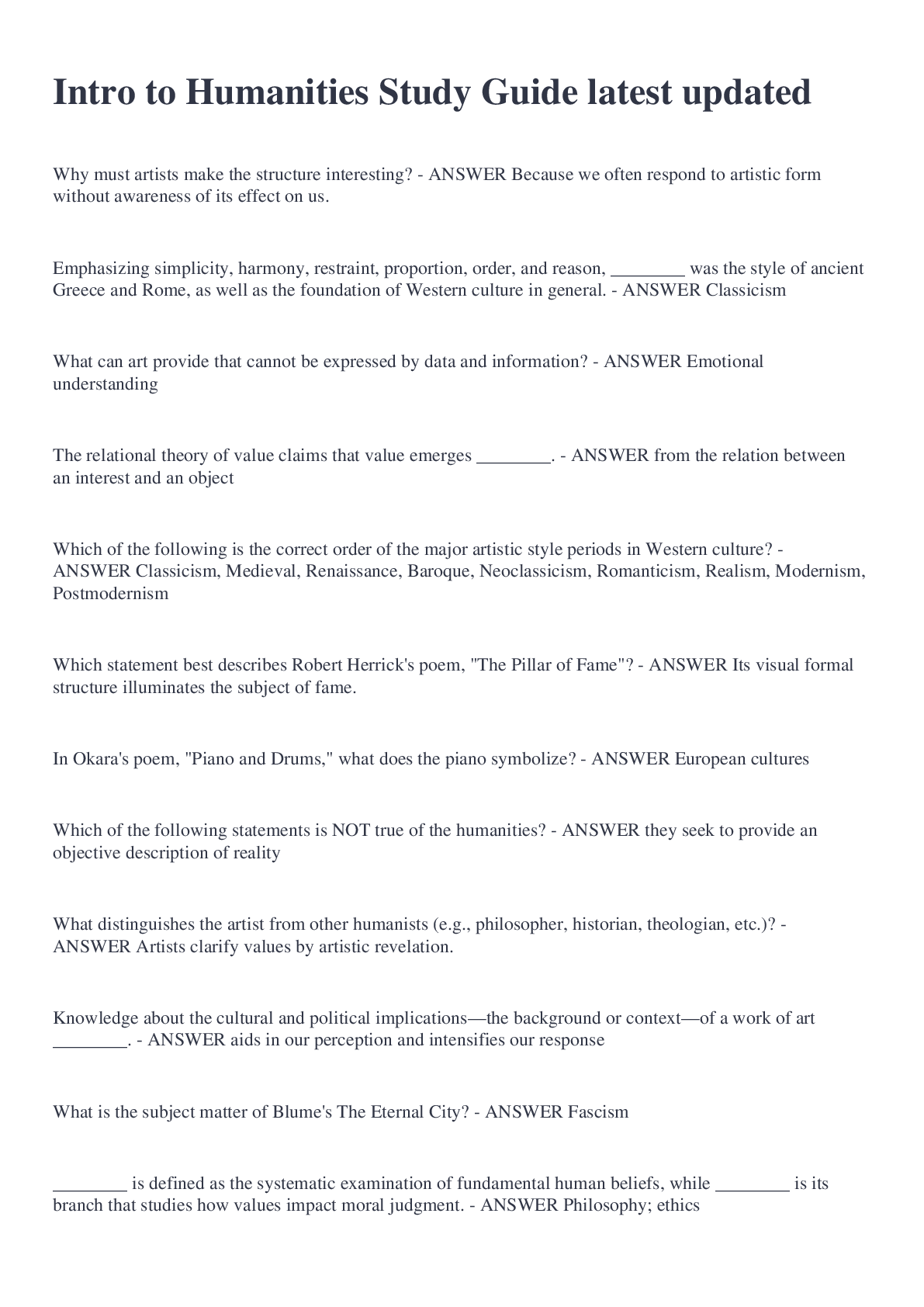 Intro to Humanities Study Guide latest updated - Scholarfriends