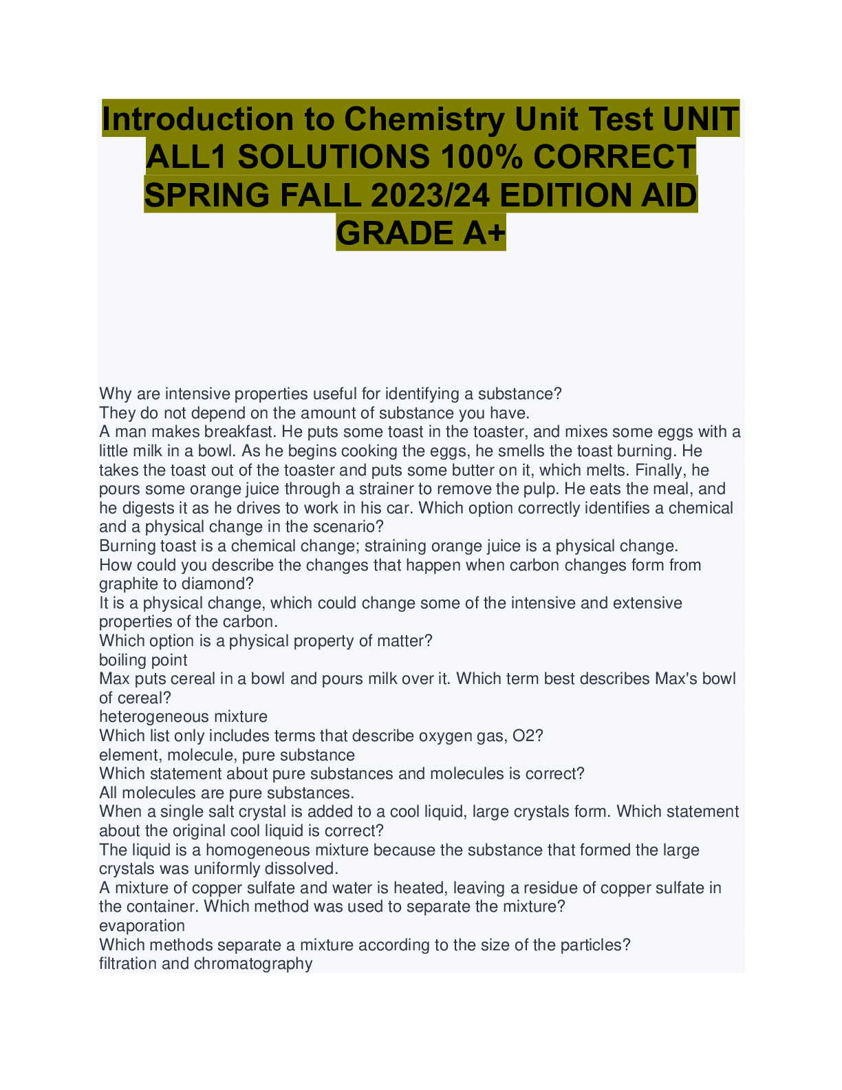 Introduction to Chemistry Unit Test UNIT ALL1 SOLUTIONS 100% CORRECT ...