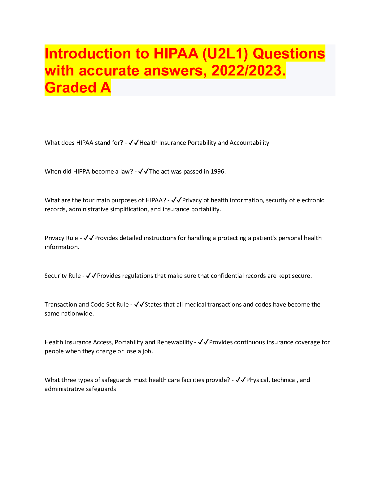 Introduction to HIPAA (U2L1) Questions with accurate answers, 2022/2023 ...