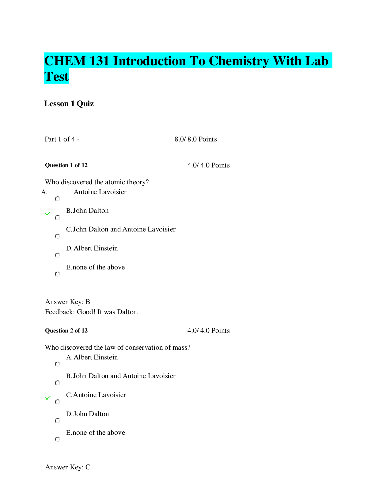 CHEM 131 Introduction To Chemistry With Lab Test Questions And Answe ...
