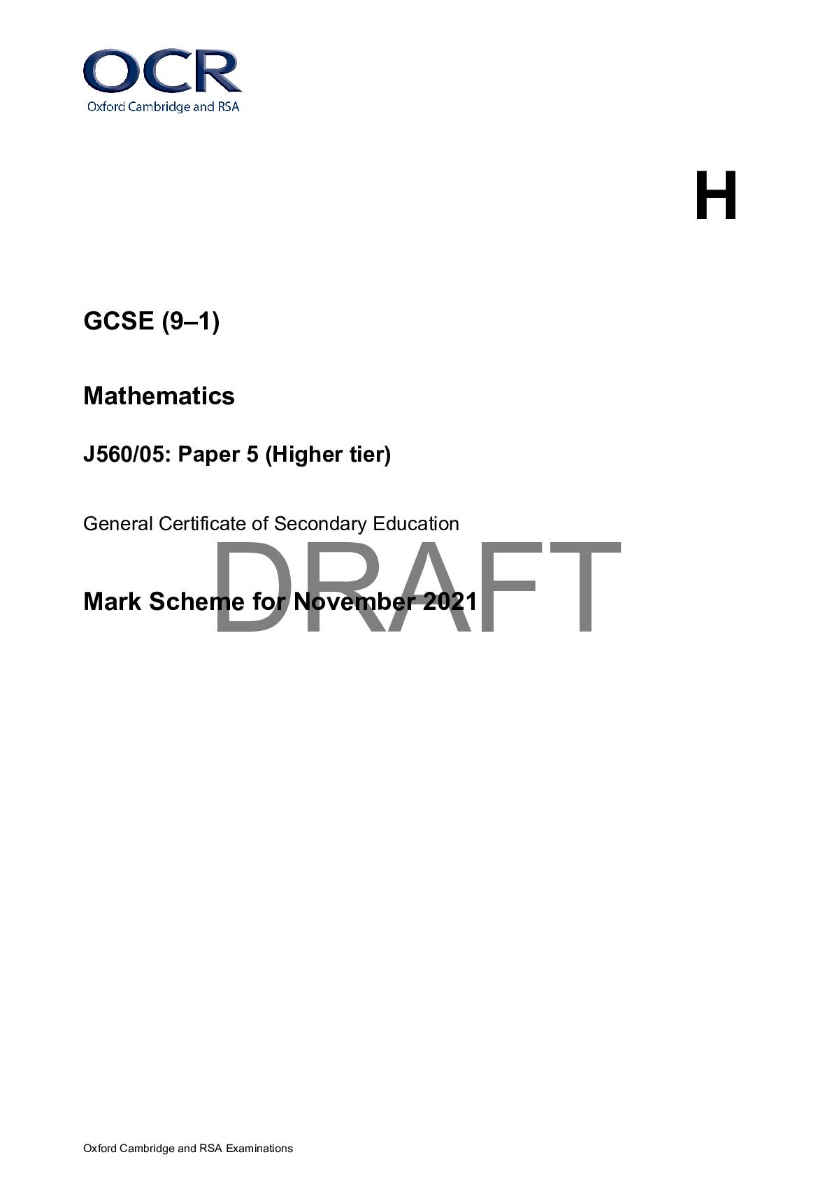 OCR GCSE (9–1) Mathematics J560/05: Paper 5 (Higher tier) Mark Scheme ...