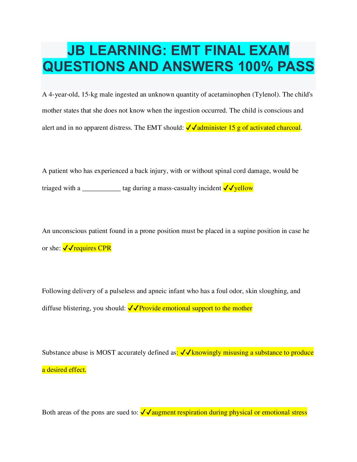 JB LEARNING: EMT FINAL EXAM QUESTIONS AND ANSWERS 100% PASS ...