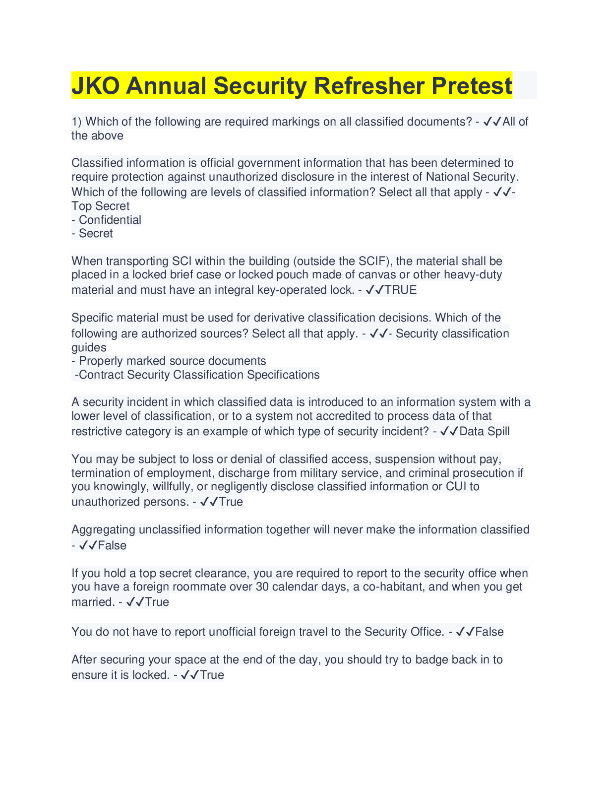 JKO Annual Security Refresher Pretest | with 100% Correct Answers ...