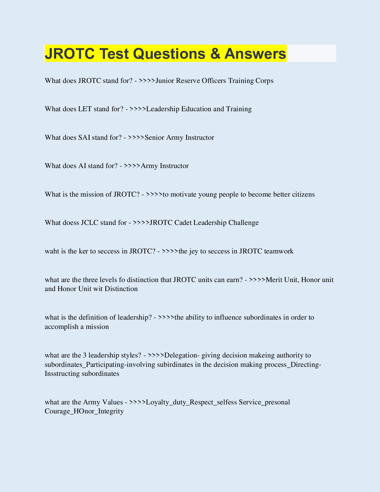 JROTC Test Questions & Answers | 40 Questions with 100% Correct Answers ...