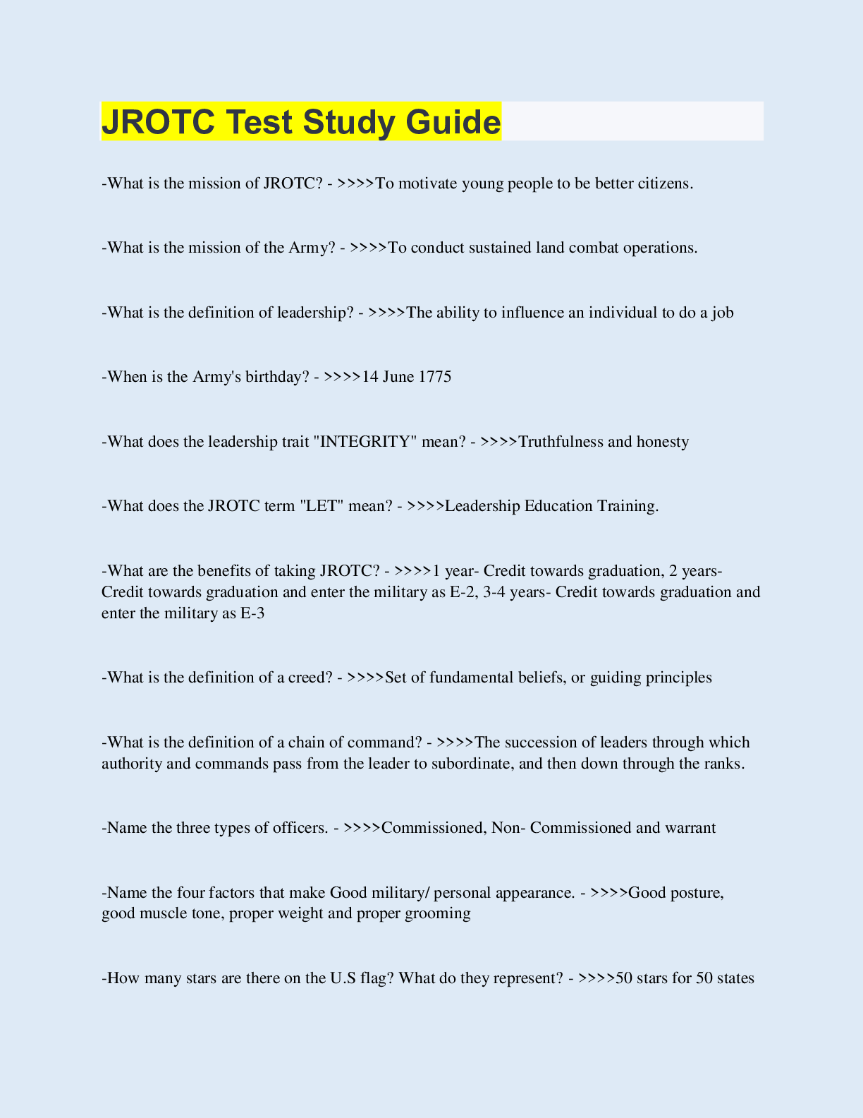 JROTC Test Study Guide | 70 Questions with 100% Correct Answers ...