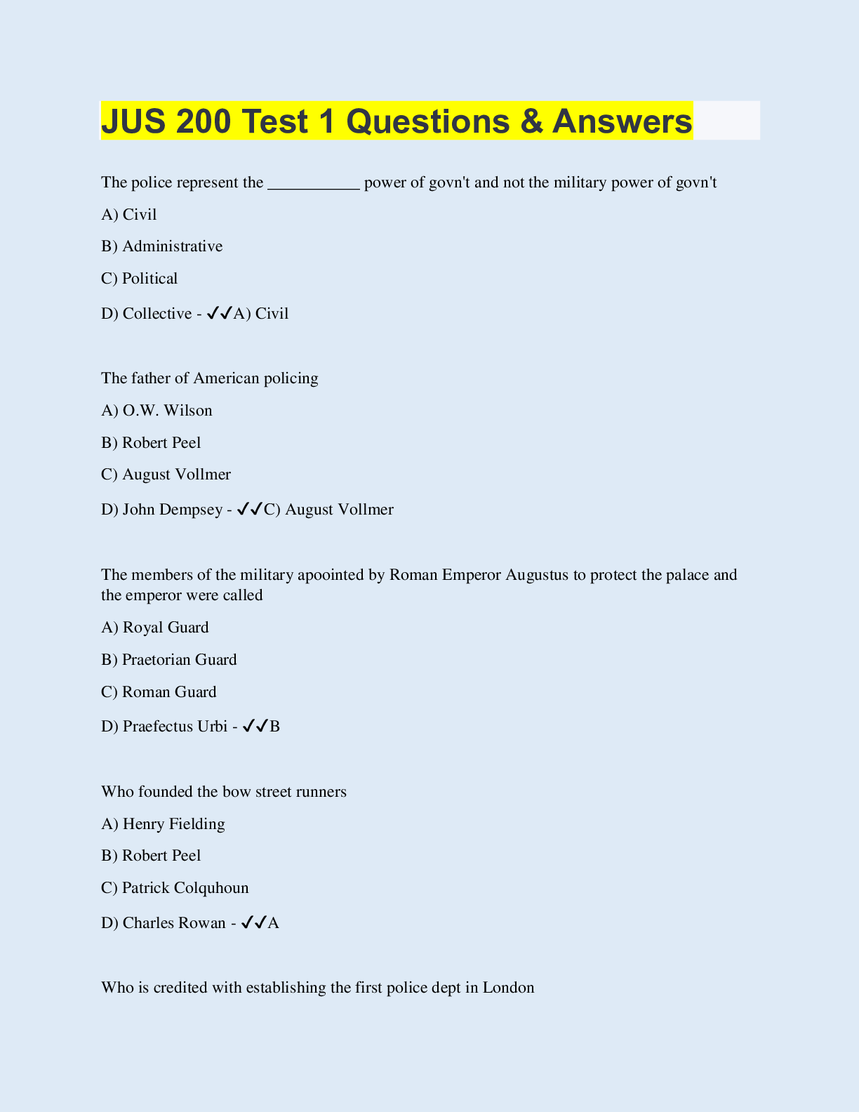 JUS 200 Test 1 Questions & Answers | 100 Questions with 100% Correct ...