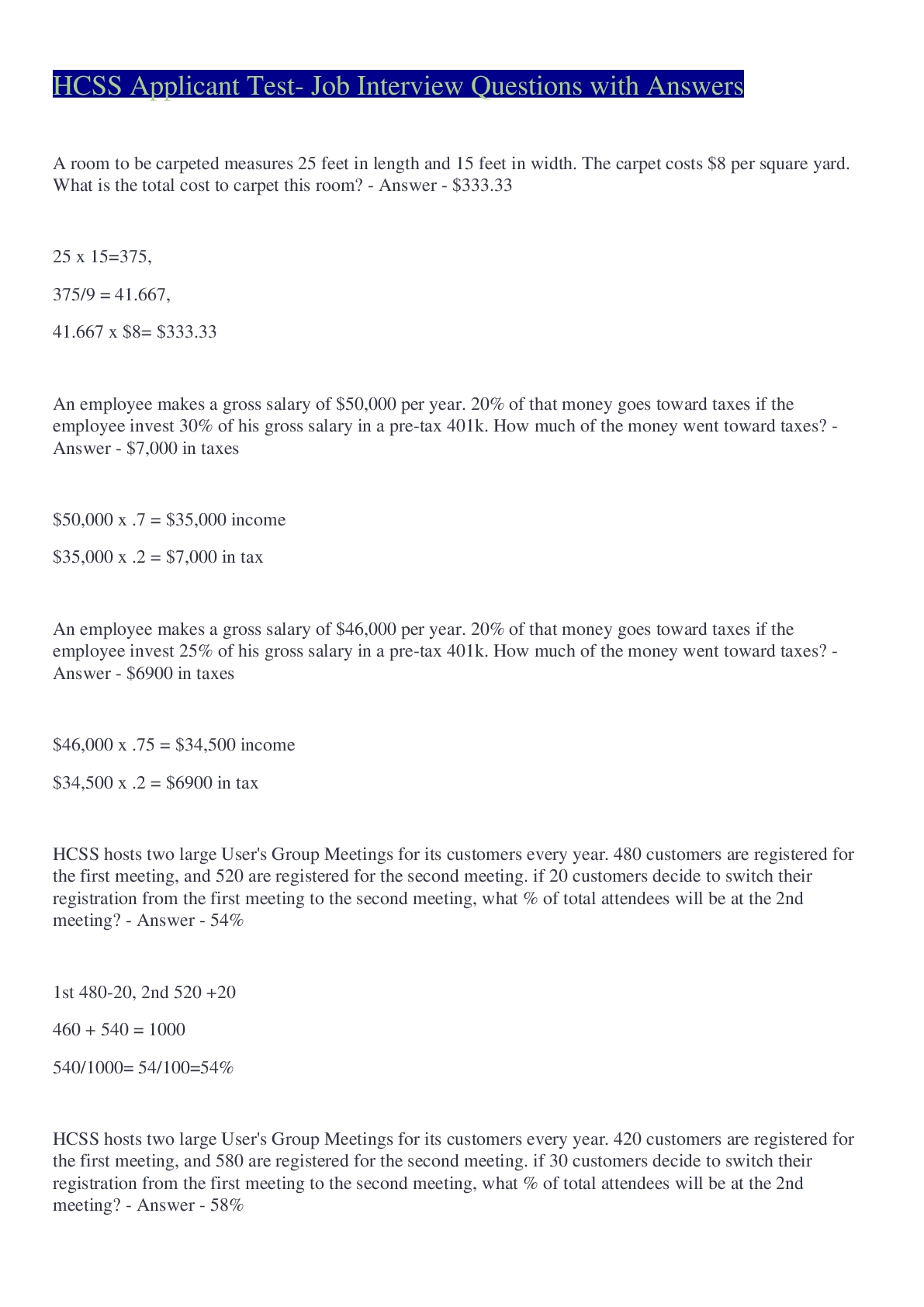 HCSS Applicant Test- Job Interview Questions with Answers - Scholarfriends