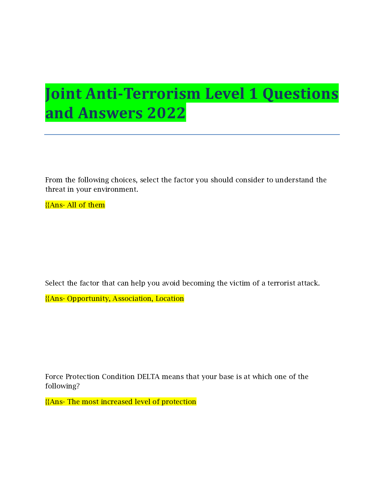 Joint Anti-Terrorism Level 1 Questions and Answers 2022 - Scholarfriends