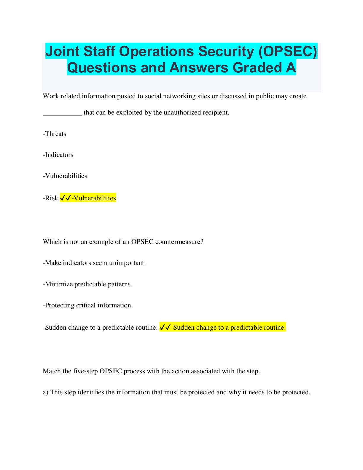 Operations Security (OPSEC) BUNDLED EXAMS QUESTIONS AND ANSWERS WITH ...