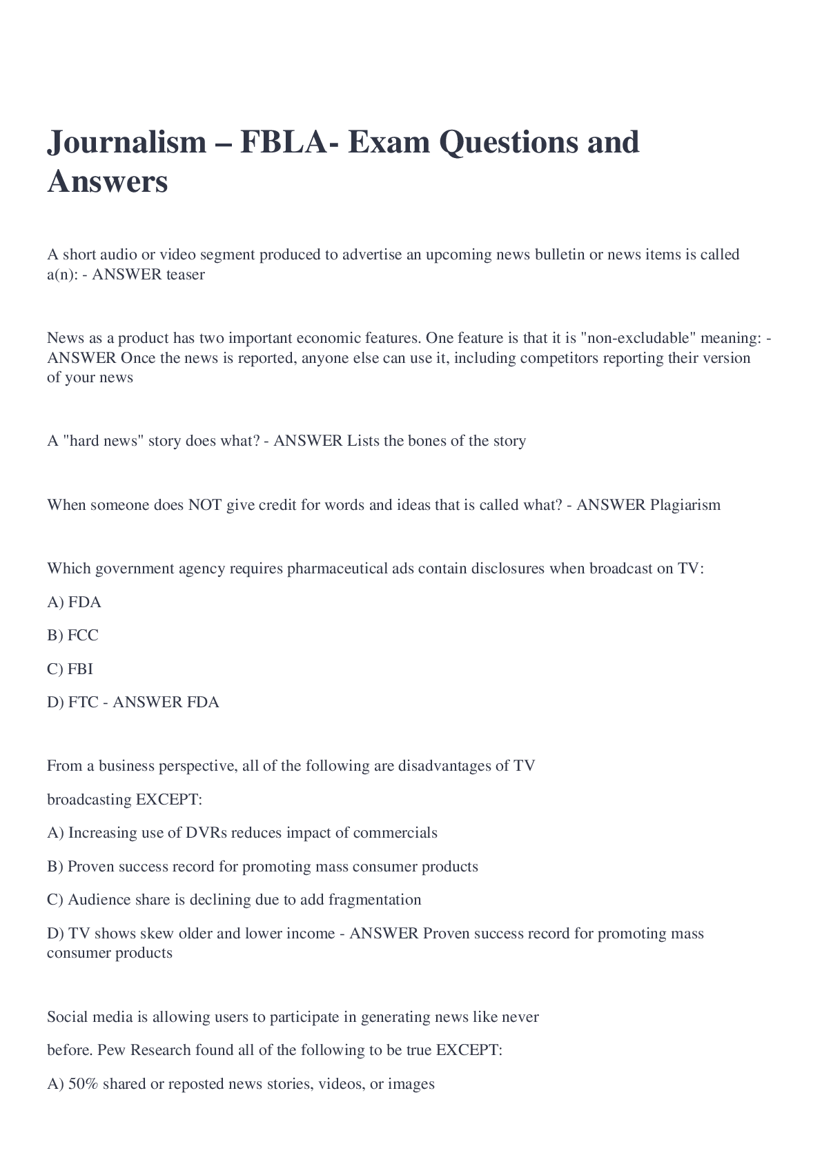 Journalism – FBLA- Exam Questions and Answers - Scholarfriends