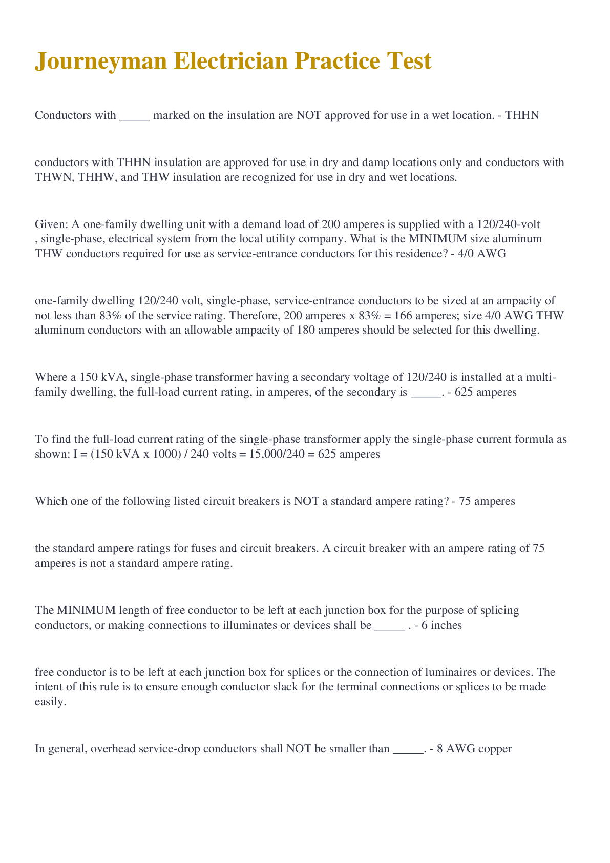 Journeyman Electrician Practice Test graded A+ latest 2022 ...