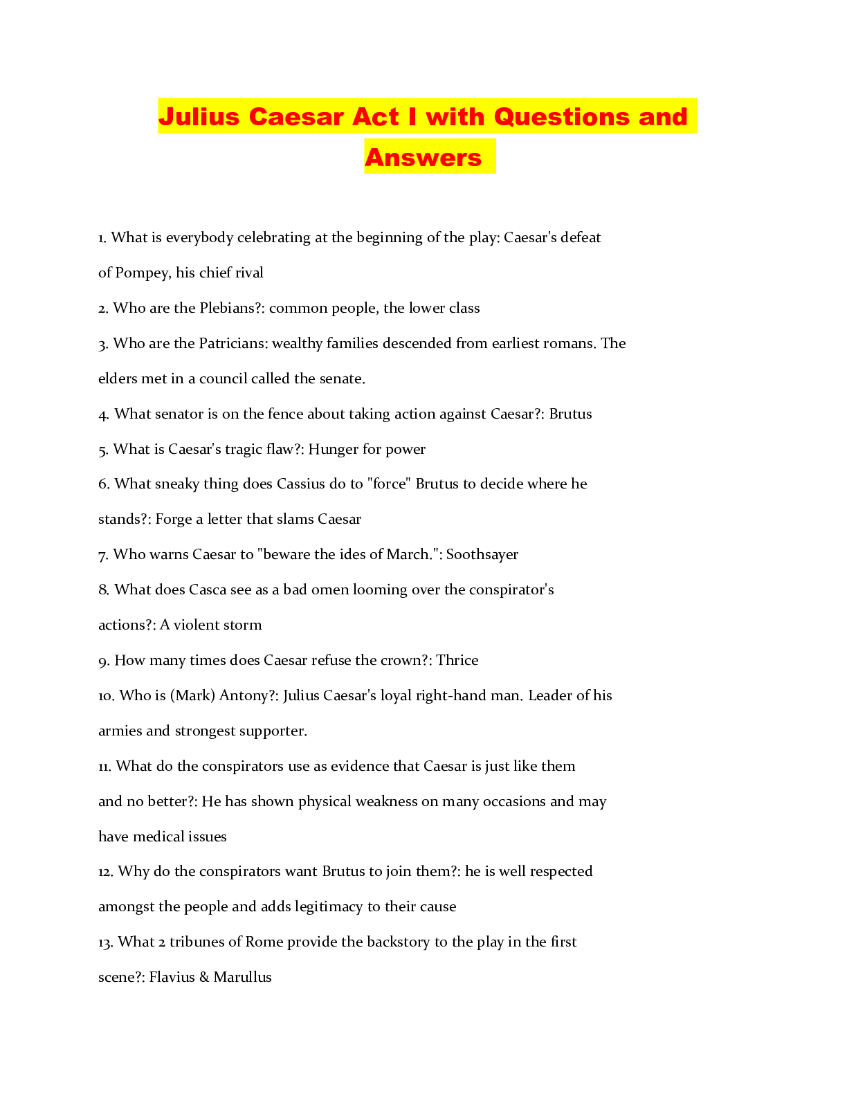 Julius Caesar Act I with Questions and Answers | ScholarFriends