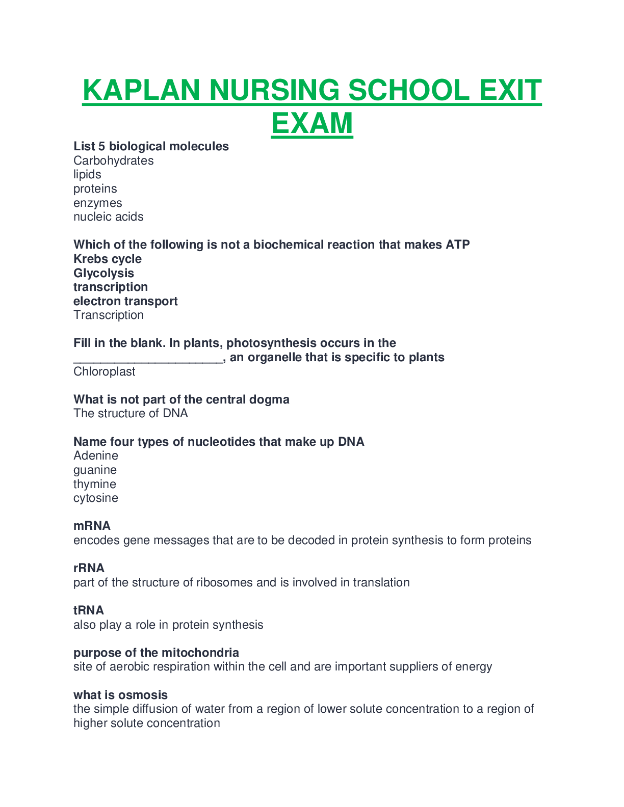 Kaplan Nursing School Exit Exam Complete Guide Solution | Rated And ...