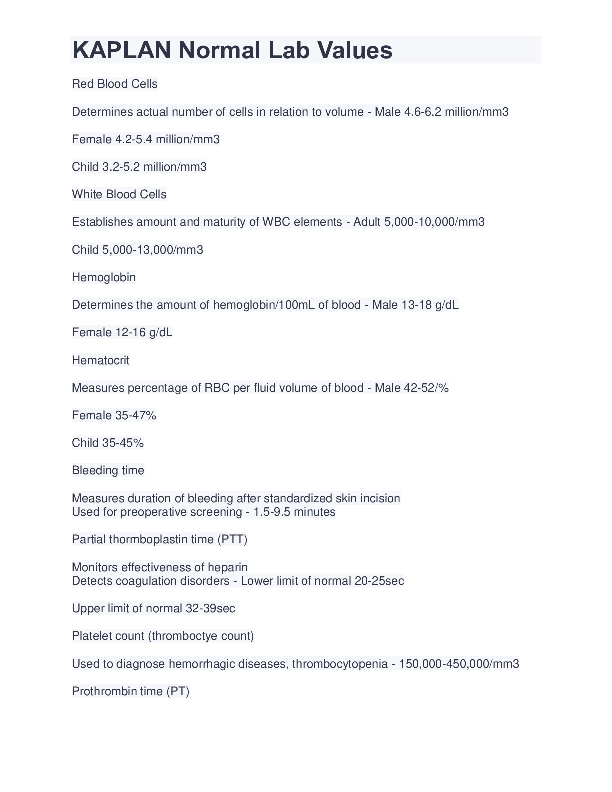 KAPLAN Normal Lab Values - Scholarfriends