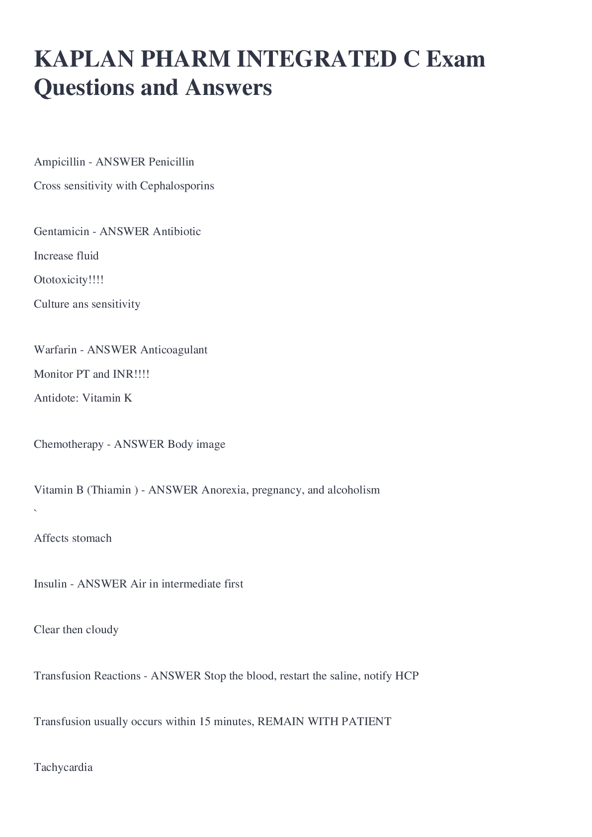 KAPLAN PHARM INTEGRATED C Exam Questions and Answers - Scholarfriends