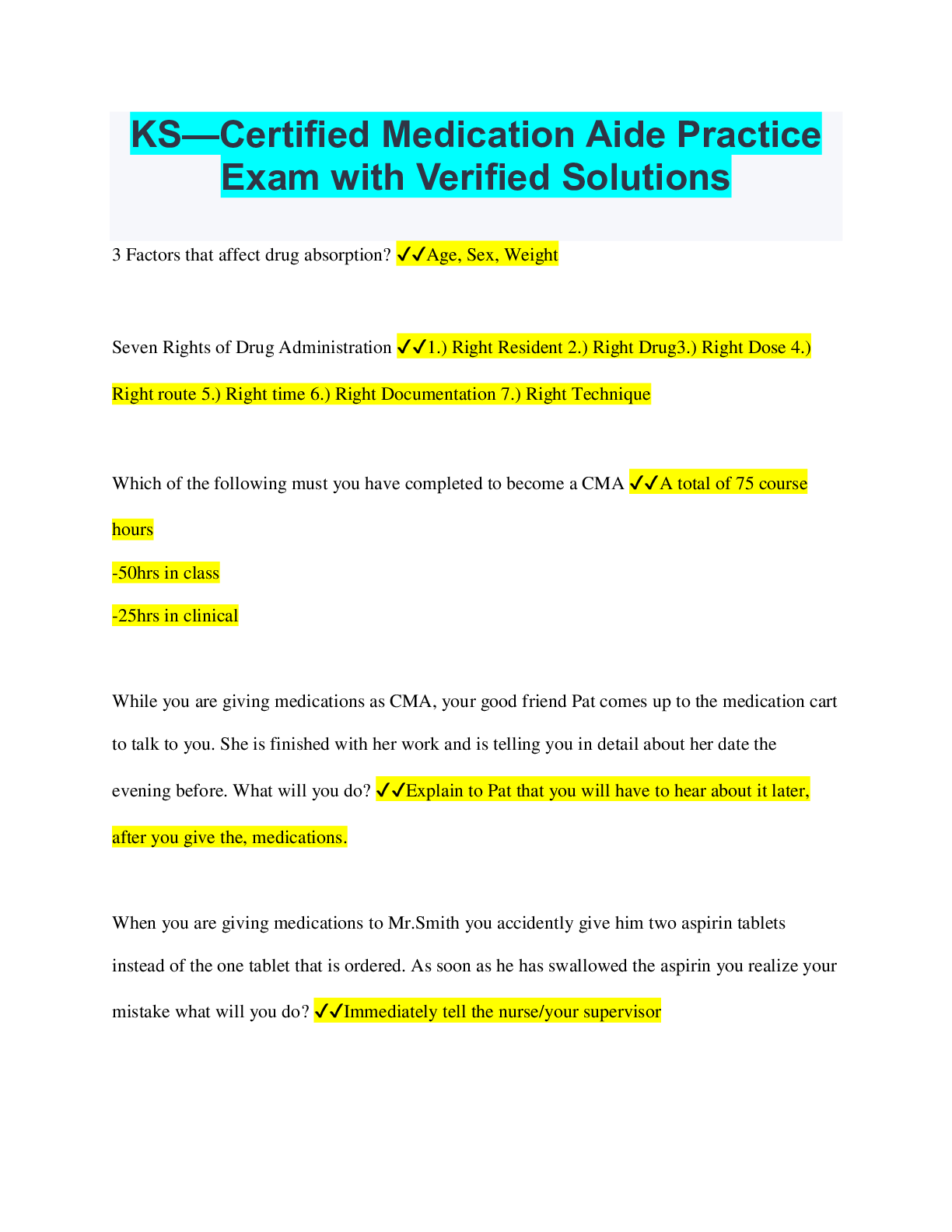KS—Certified Medication Aide Practice Exam with Verified Solutions ...