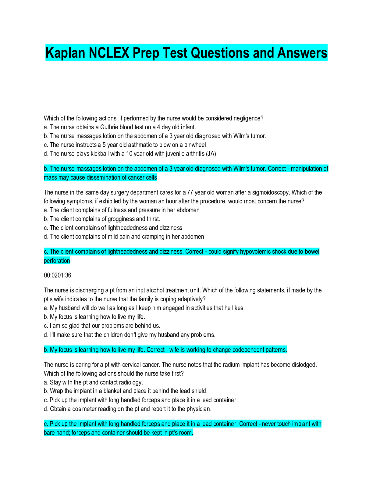 Kaplan NCLEX Prep Test Questions and Answers - Scholarfriends