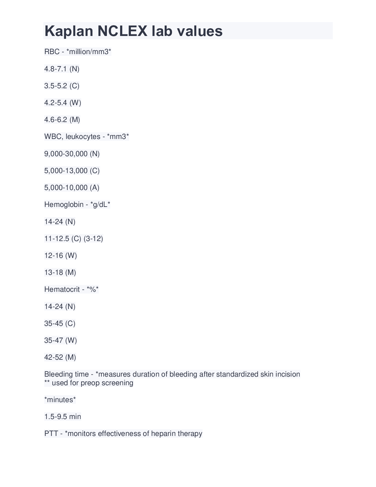 Kaplan NCLEX lab values - Scholarfriends