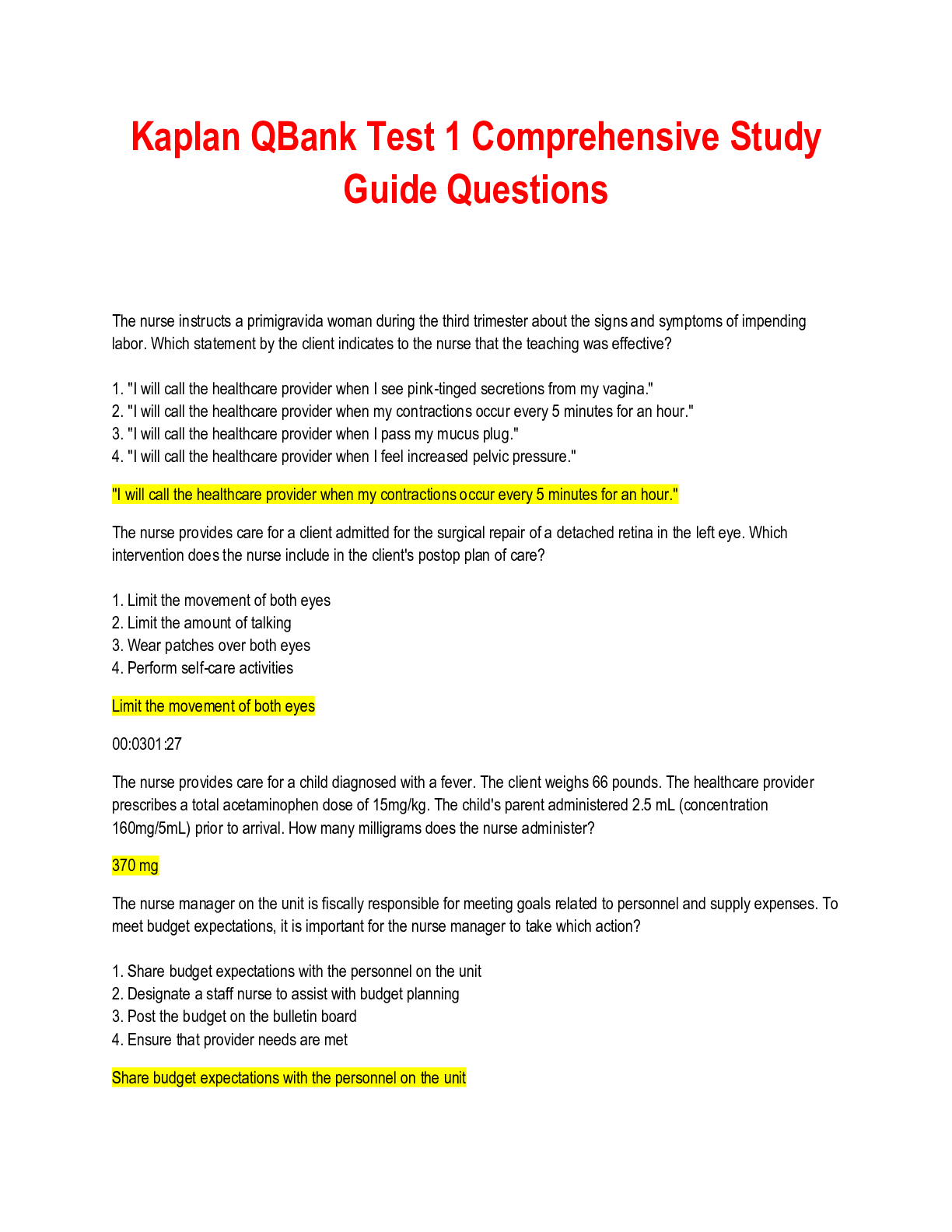 Kaplan QBank Test 1 Comprehensive Study Guide Questions - Scholarfriends