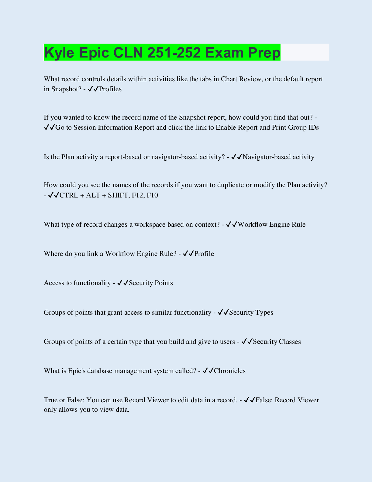 Kyle Epic CLN 251-252 Exam Prep |with complete solutions - Scholarfriends