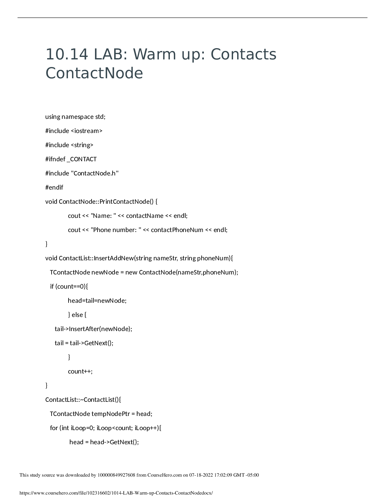 LAB: Warm up: Contacts ContactNode - Scholarfriends