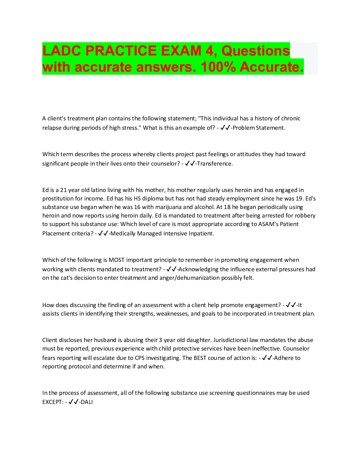 LADC PRACTICE EXAM 4, Questions with accurate answers. 100% Accurate ...