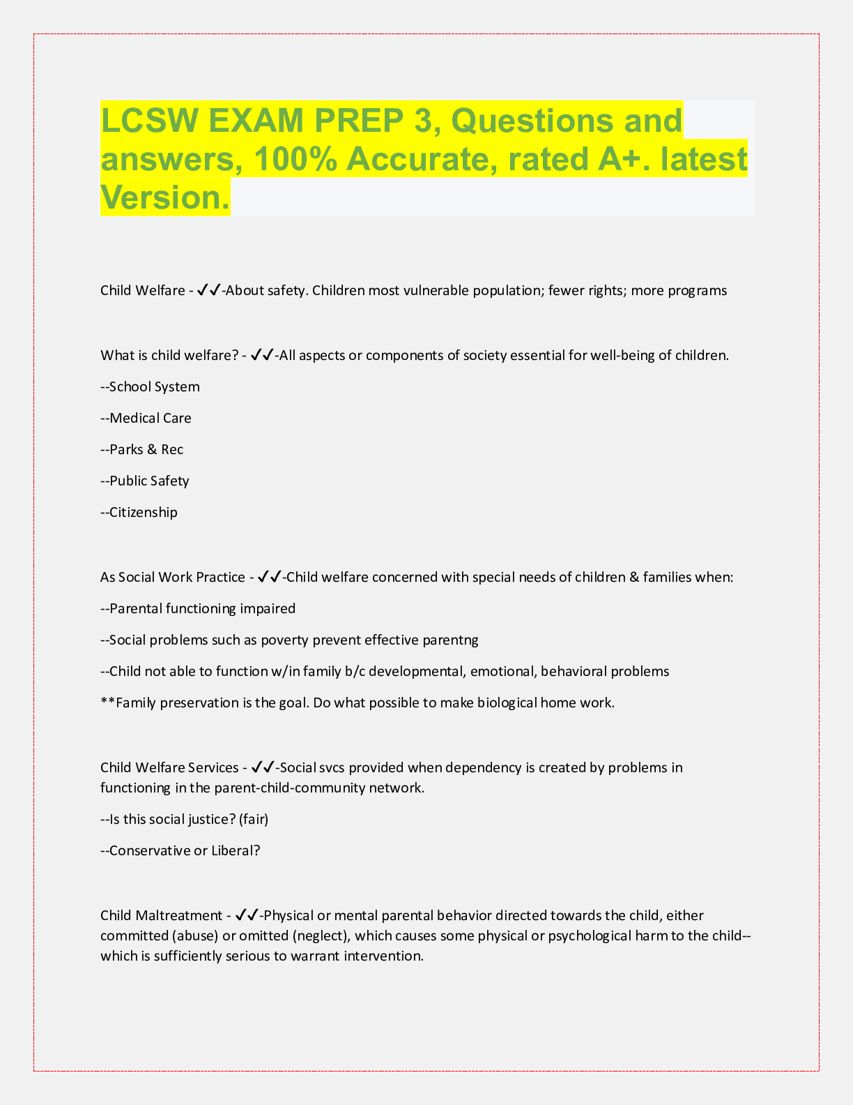 LCSW EXAM PREP 3, Questions and answers, 100% Accurate, rated A+ ...