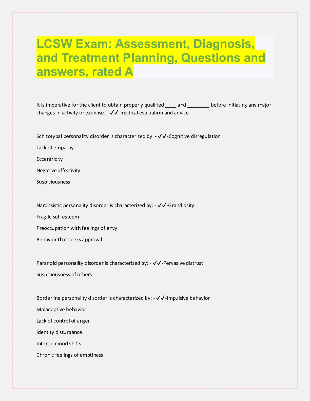 LCSW Exam: Assessment, Diagnosis, and Treatment Planning, Questions and ...
