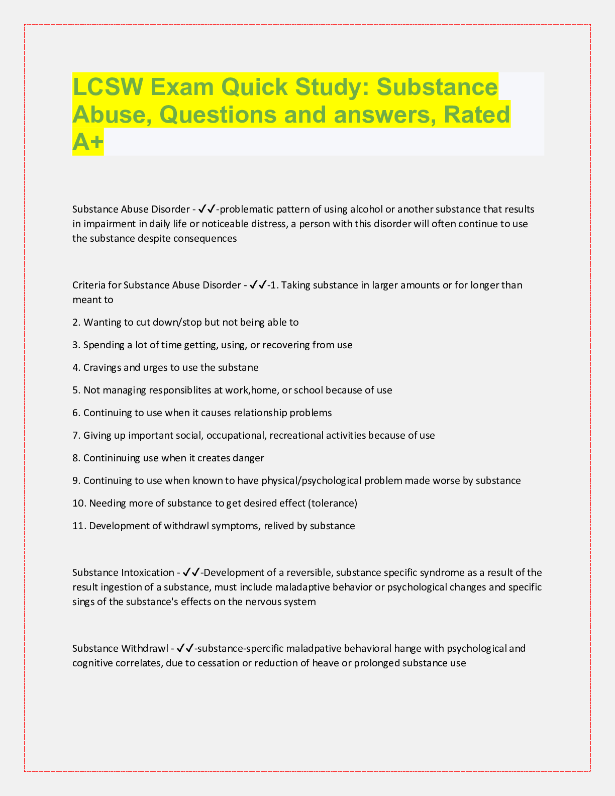 LCSW Exam Quick Study: Substance Abuse, Questions and answers, Rated A+ ...