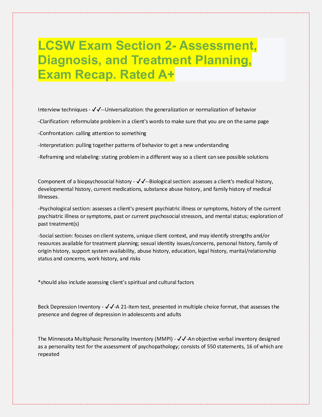LCSW Exam Section 2- Assessment, Diagnosis, and Treatment Planning ...