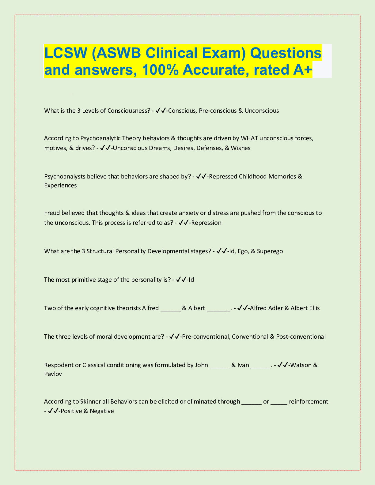 LCSW (ASWB Clinical Exam) Questions and answers, 100% Accurate, rated ...