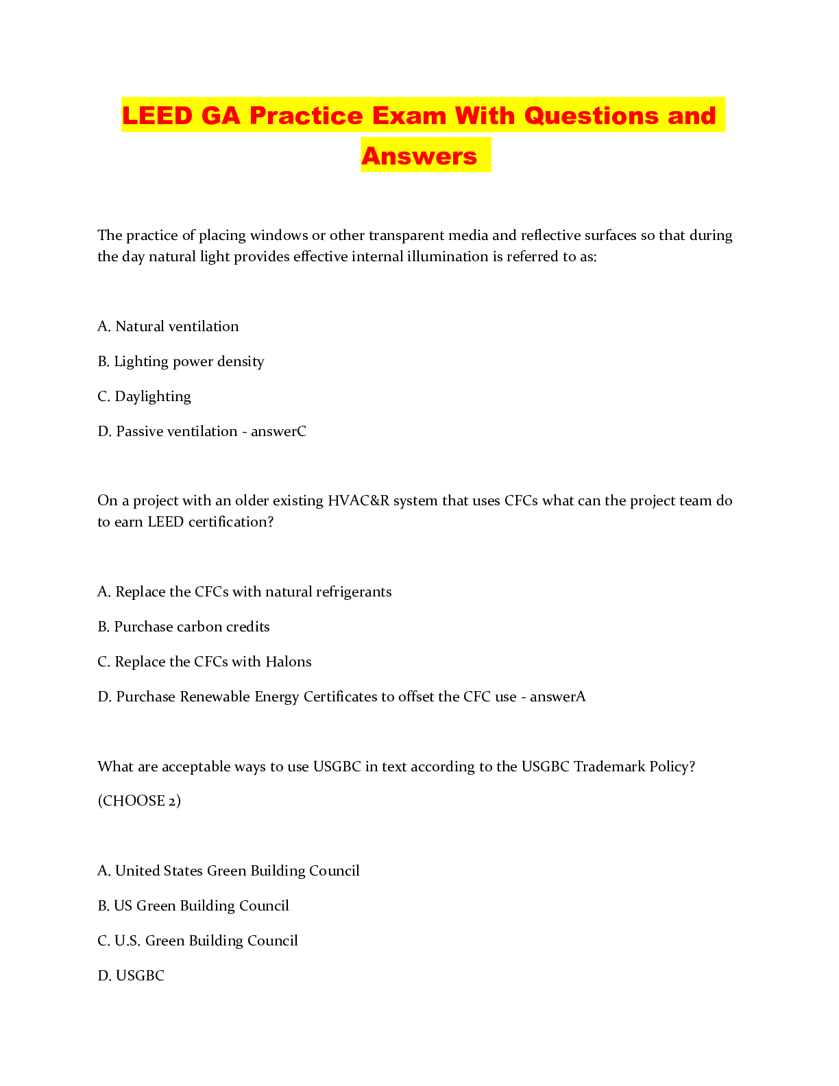 LEED GA Practice Exam With Questions and Answers - Scholarfriends