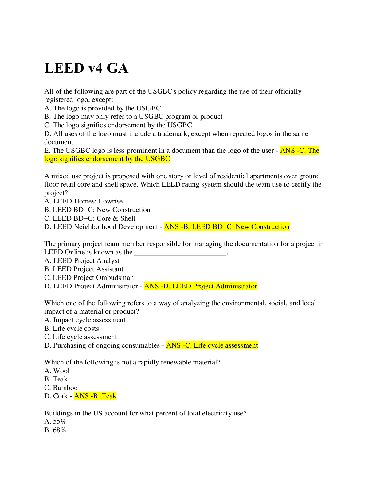LEED v4 GA / QUESTIONS / 100% CORRECT ANSWERS - Scholarfriends
