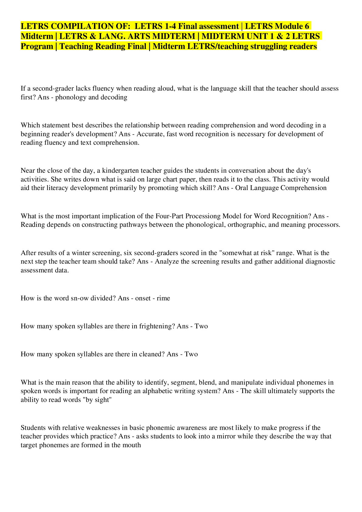 LETRS COMPILATION OF: LETRS 1-4 Final assessment | LETRS Module 6 ...