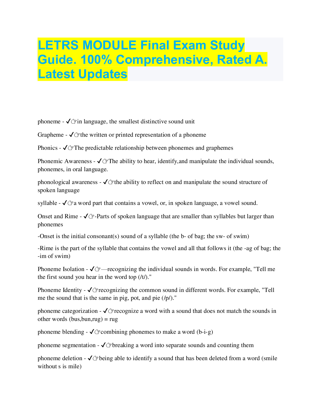 LETRS MODULE Final Exam Study Guide. 100% Comprehensive, Rated A ...