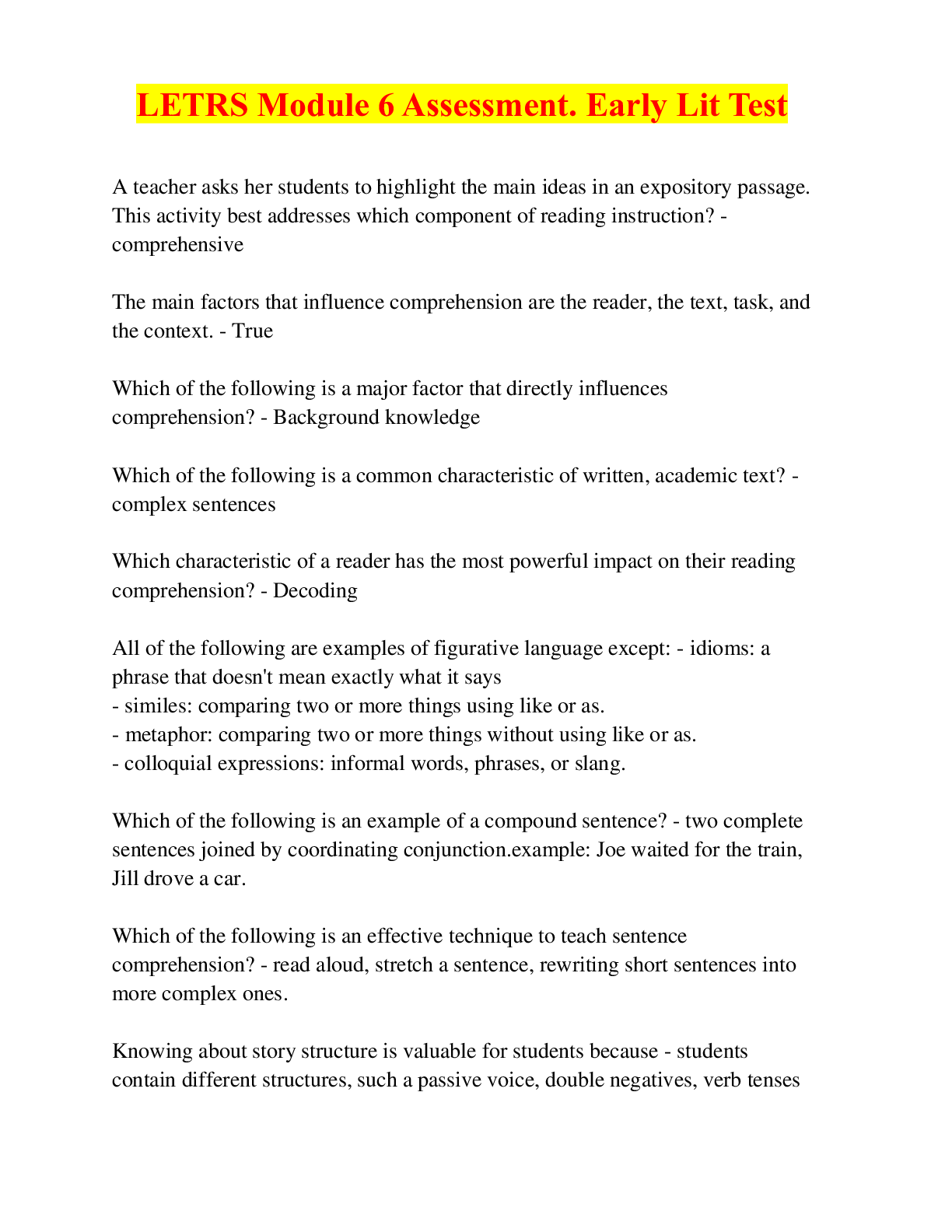 LETRS Module 6 Assessment. Early Lit - Scholarfriends