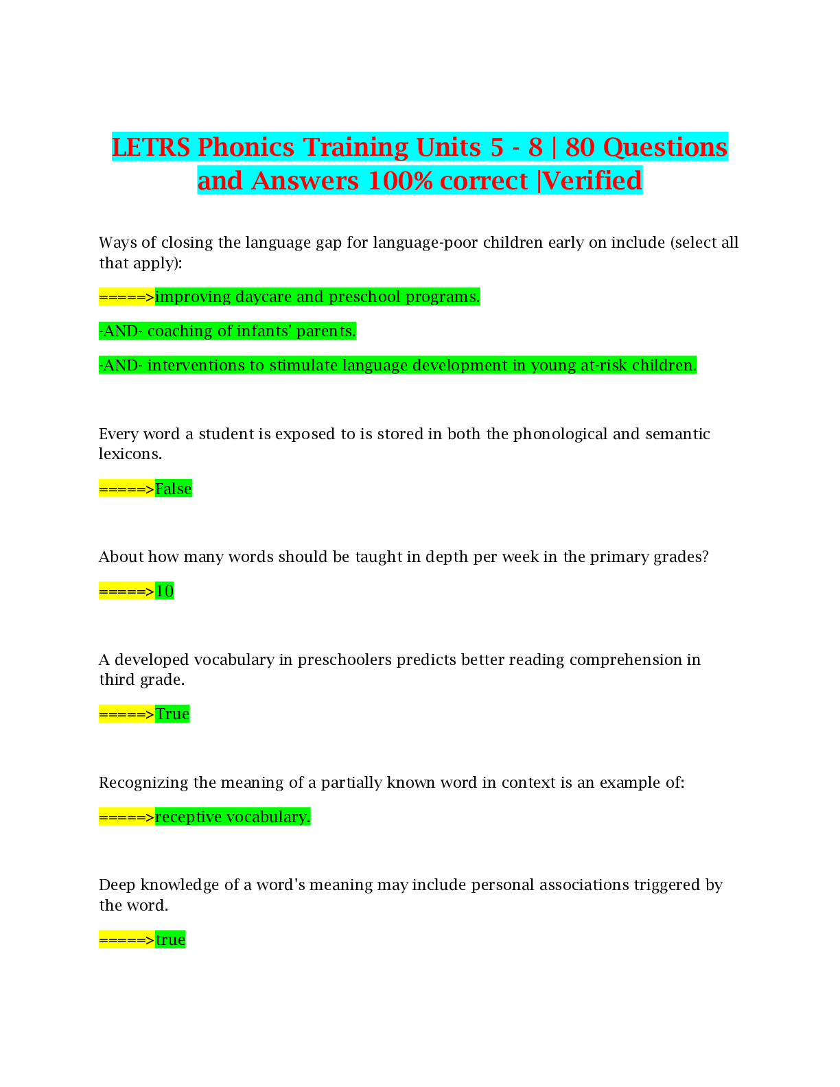 LETRS Phonics Training Units 5 - 8 | 80 Questions and Answers 100% ...