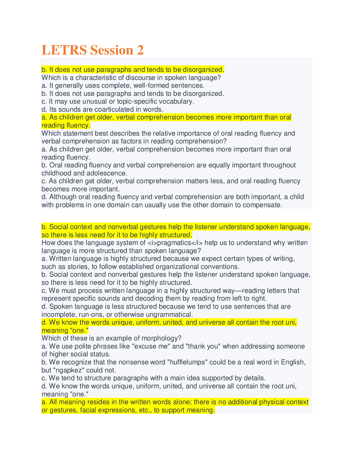 LETRS Session 2 With Verified Questions and Answers - Scholarfriends